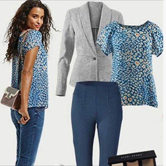 CAbi | Tops | Euc Cabi Button Crossover Back Blue Floral Short Sleeve ...